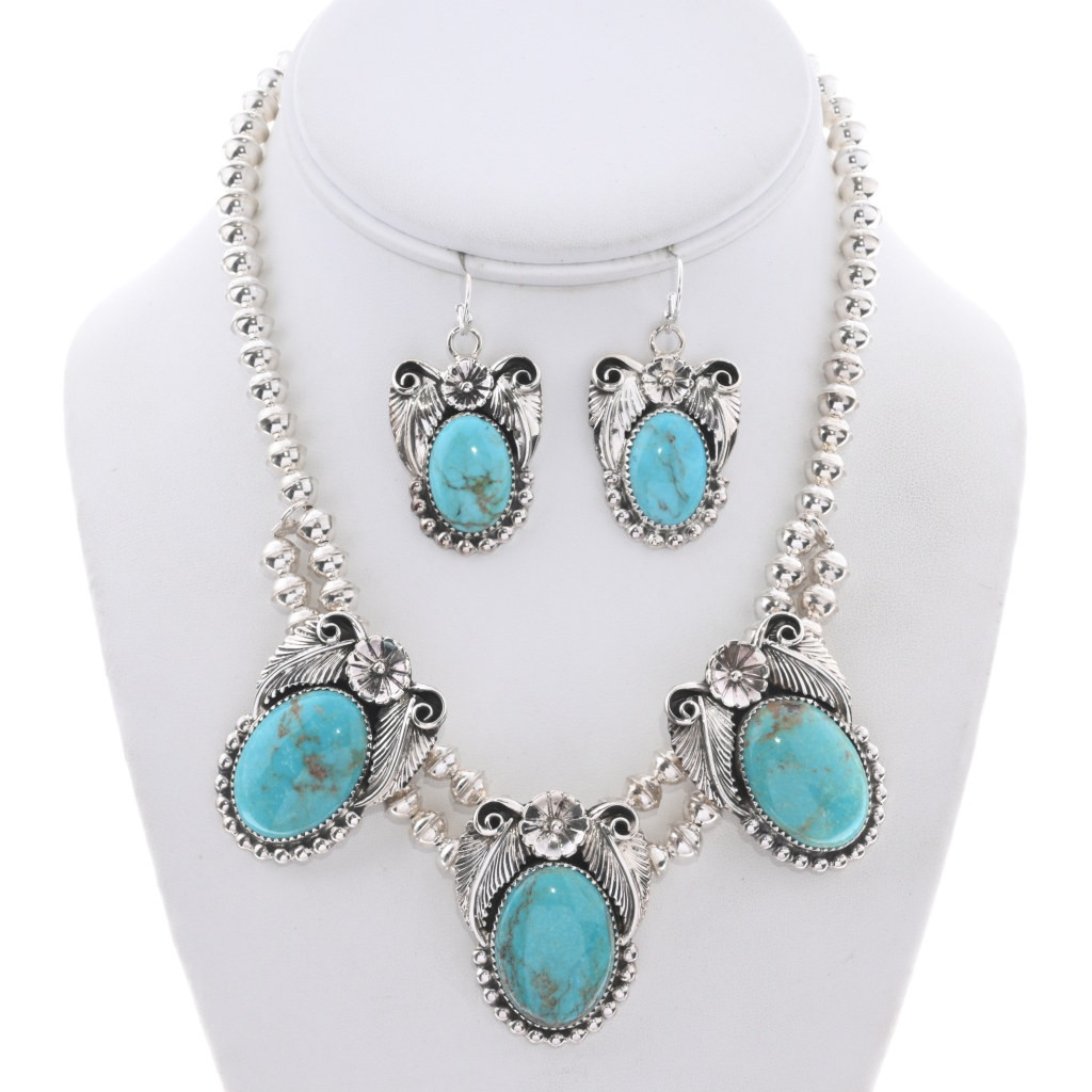 Turquoise Beaded Necklace Sterling Silver Earring Set by Garrison Boyd ...