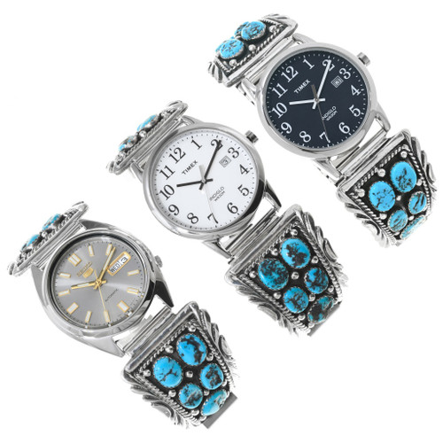 Handsome Natural Kingman Turquoise Navajo Mens Watch Sterling 26794