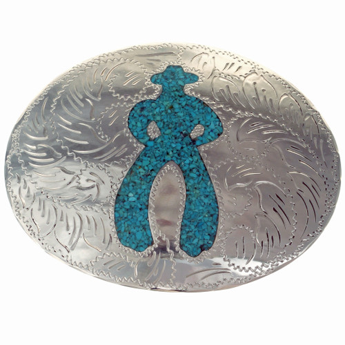 Hand Engraved Inlaid Turquoise Silver Belt Buckle Cowboy Design 32657