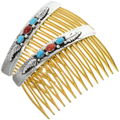 Navajo Turquoise Coral Sterling Hair Combs 19651