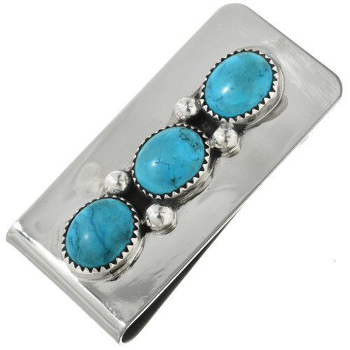 Native American Turquoise Silver Money Clip Three Stone Design 22265