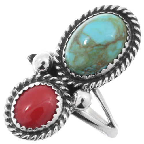 Turquoise Coral Silver Navajo Pointer Ring 29305
