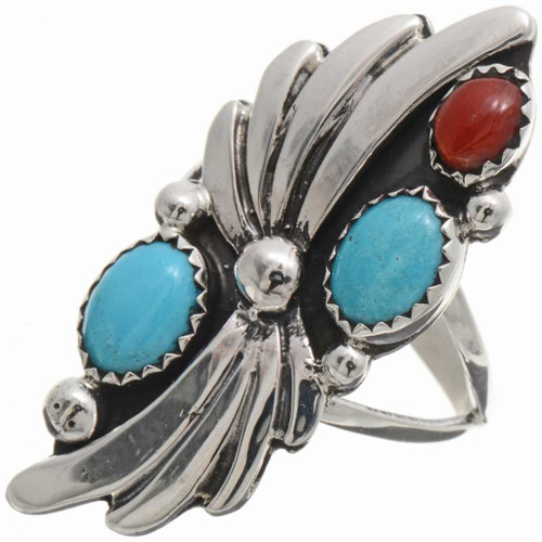 Navajo Turquoise Coral Ladies Silver Ring Sterling Pointer Design 25866