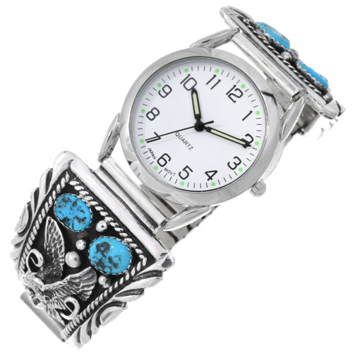 Navajo Natural Kingman Turquoise Eagle Mens Watch Sterling Design 33030
