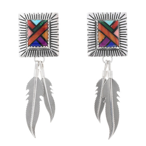 Southwest Style Native American Inlaid Feather Earrings 43159