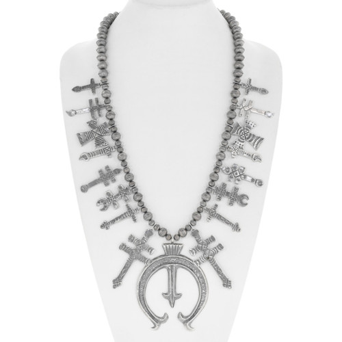 Genuine Sterling Silver Cross Squash Blossom Necklace 43186