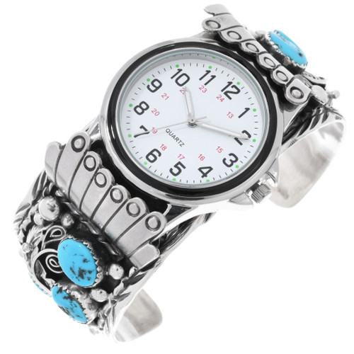Turquoise Mens Watch Cuff Bracelet Navajo Crafted Sterling 43250