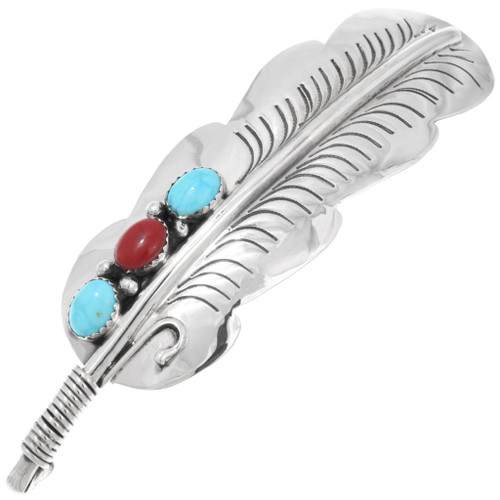 Pretty Navajo Turquoise Coral Silver Feather Hair Barrette Sterling 44139