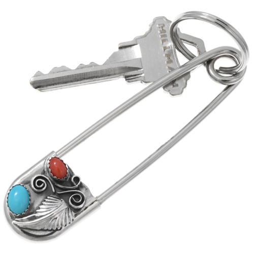Turquoise Coral Silver Navajo Key Ring Safety Pin Style 44564