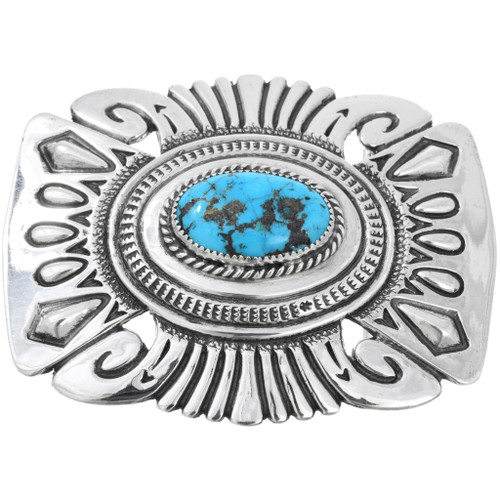 Navajo Sterling Ithaca Peak Turquoise Chiseled Belt Buckle 44744