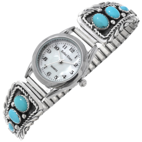 Southwest Sleeping Beauty Turquoise Silver Ladies Watch Stretch Band 44775