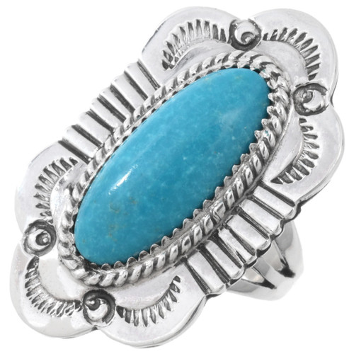 Sterling Fancy Concho Navajo Sleeping Beauty Turquoise Pointer Ring 46040