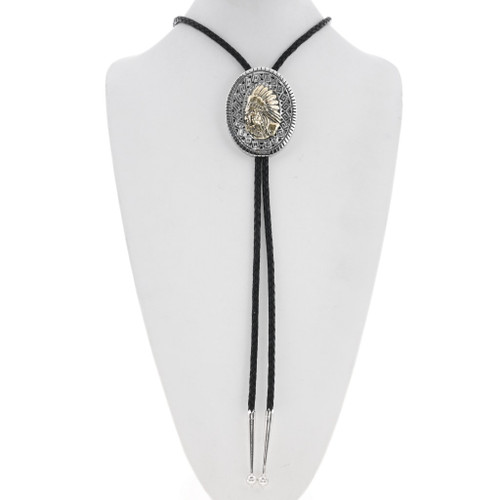 Native American Chief Bolo Tie Gold on Engraved Sterling Silver 47859