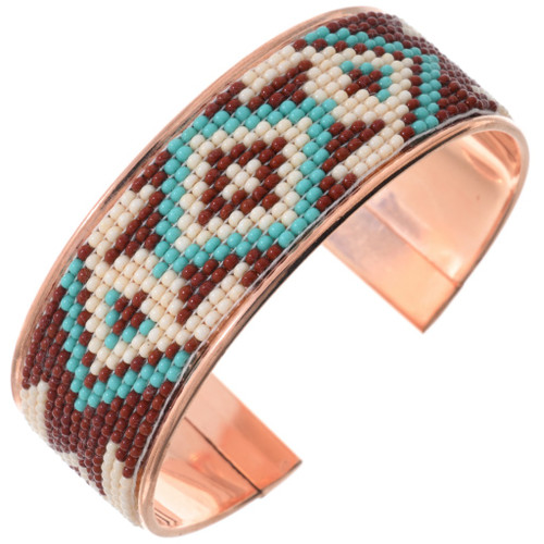 Native American Beaded Style Maroon Beaded Copper Bracelet Cuff 47964