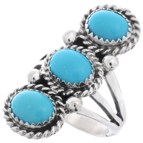 terling Silver Navajo Three Stone Turquoise Ladies Pointer Ring 48209