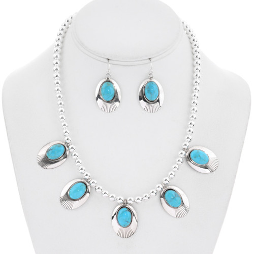 Sterling Turquoise Necklace Set Silver Beaded With Dangle Earrings 48479