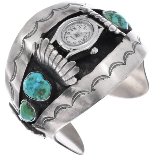 Vintage Turquoise Ladies Watch Bracelet Sterling Silver Navajo Hand ...
