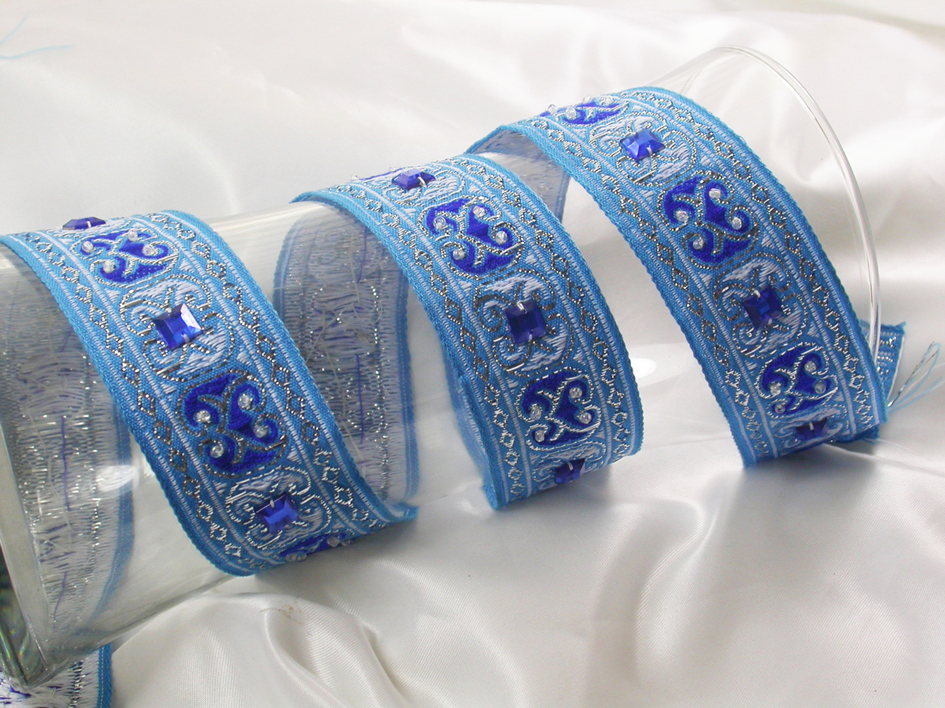 Jacquard Ribbon 1 3/8" Beaded Blue & Metallic Silver - Patchwork Panda ...