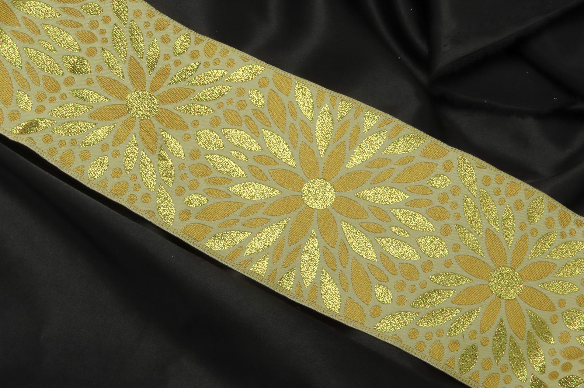 Jacquard Ribbon 4" 102mm Flower Burst Gold Per Yard - Patchwork Panda Trims