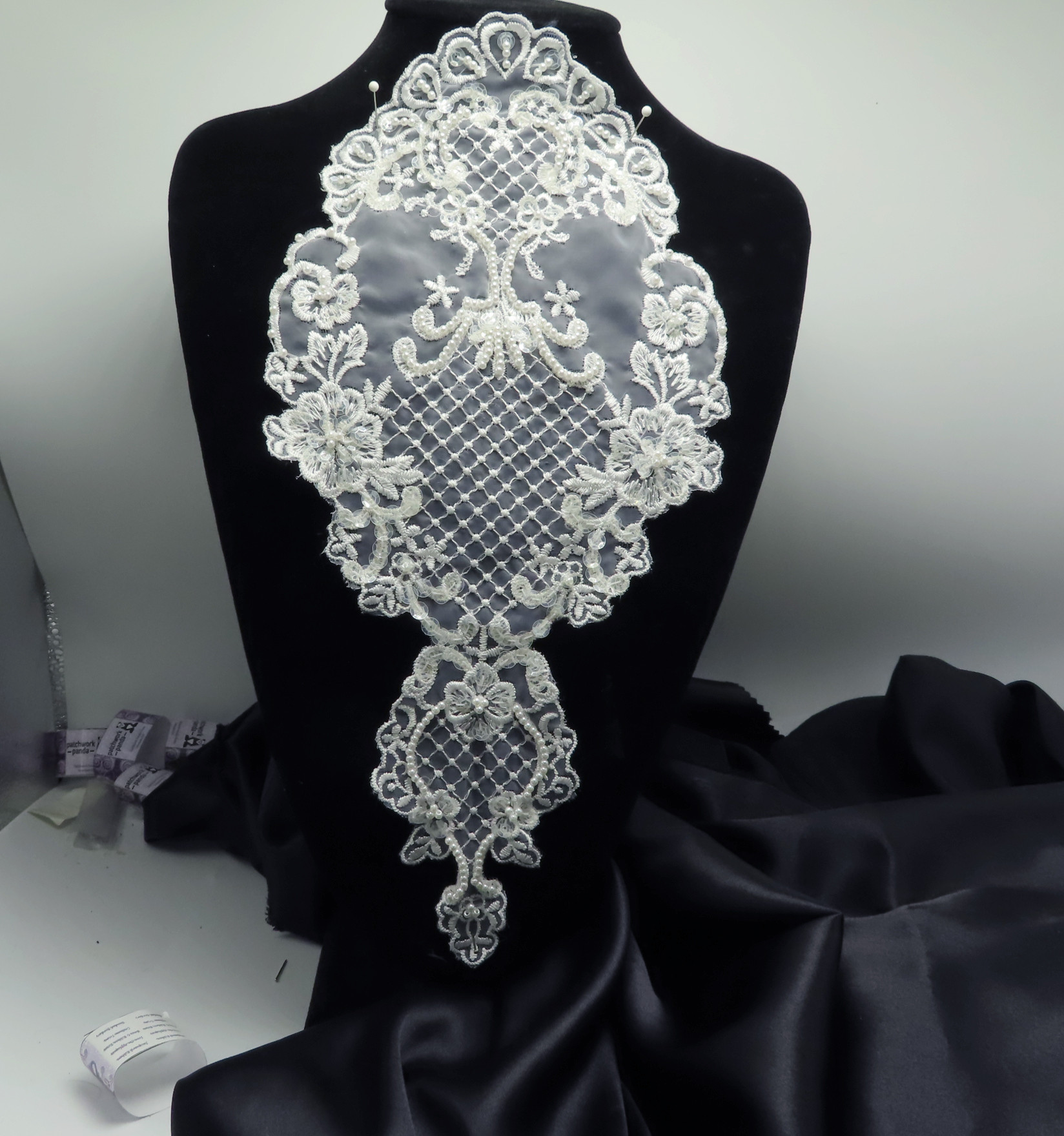 Bridal Applique WHITE Large Embroidered Sheer Beaded - Patchwork Panda Trims