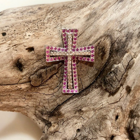 Pretty Pink Sapphire and Diamond Cross - GreeKeys.com