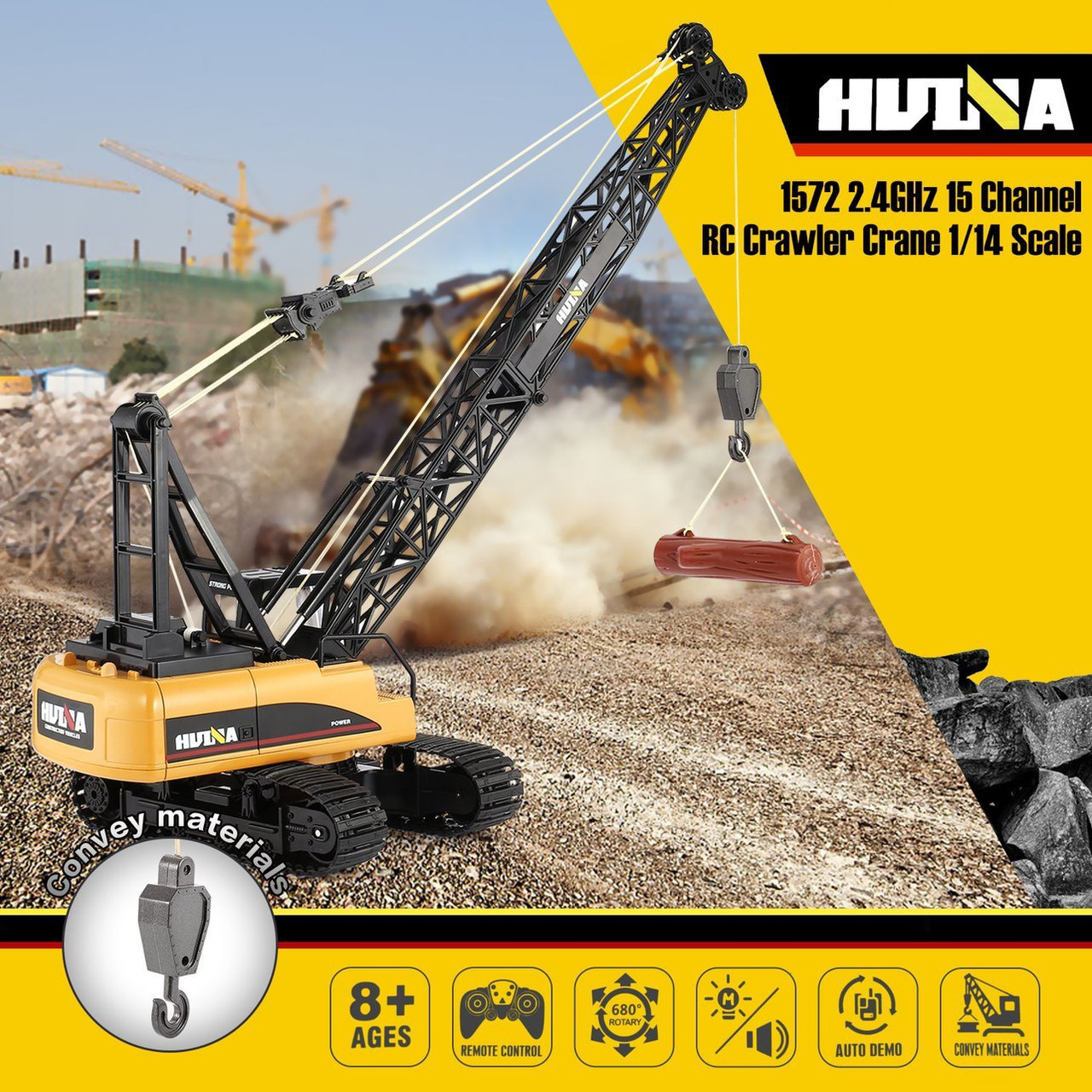 HUINA 1572 15CH RC Alloy Crane 1/14 2.4GHz Engineering Construction ...
