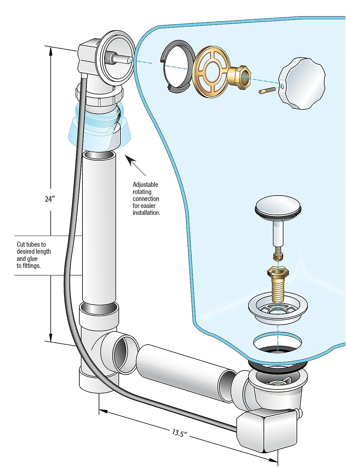 Cable Driven PVC Tub Drain Kit Polished Chrome