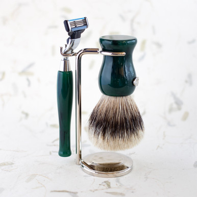Omega Three Piece Shaving Set with Faux Jade Silver Tip Shaving Brush ...