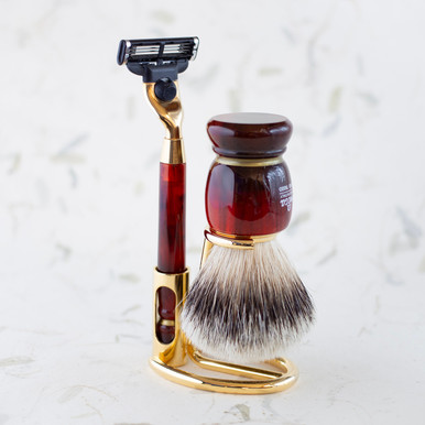 Omega Three Piece Shaving Set with Faux Tortoise Silver Tip Badger ...