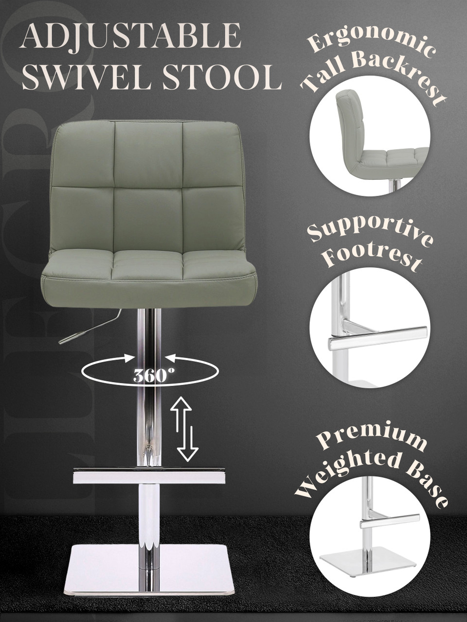 Real Leather Height Adjustable Kitchen Bar Stool | Grey