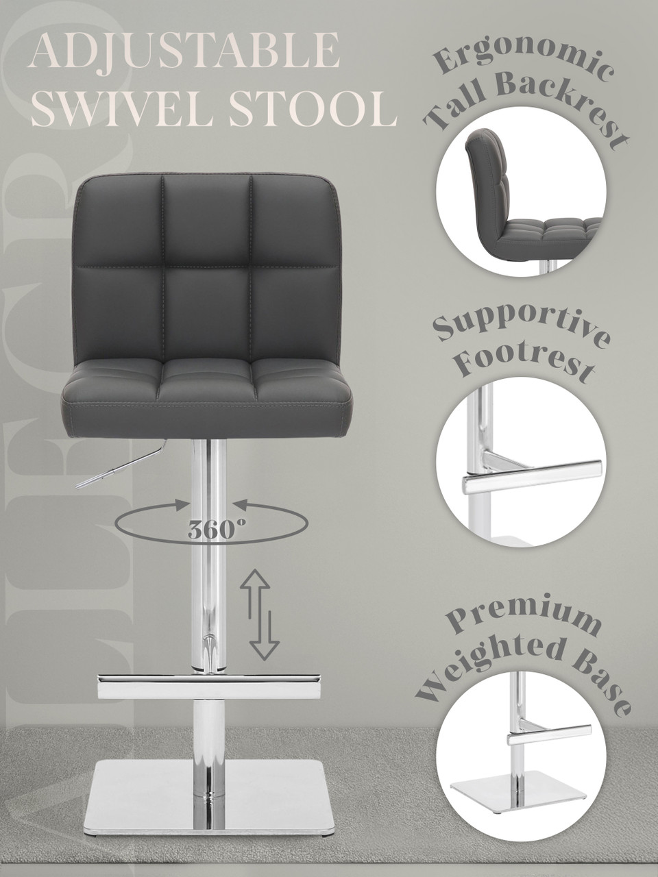 Allegro Signature Real Leather Bar Stool Charcoal Grey