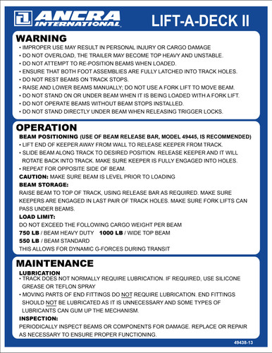 Ancra Lift-A-Deck II Instruction Placard