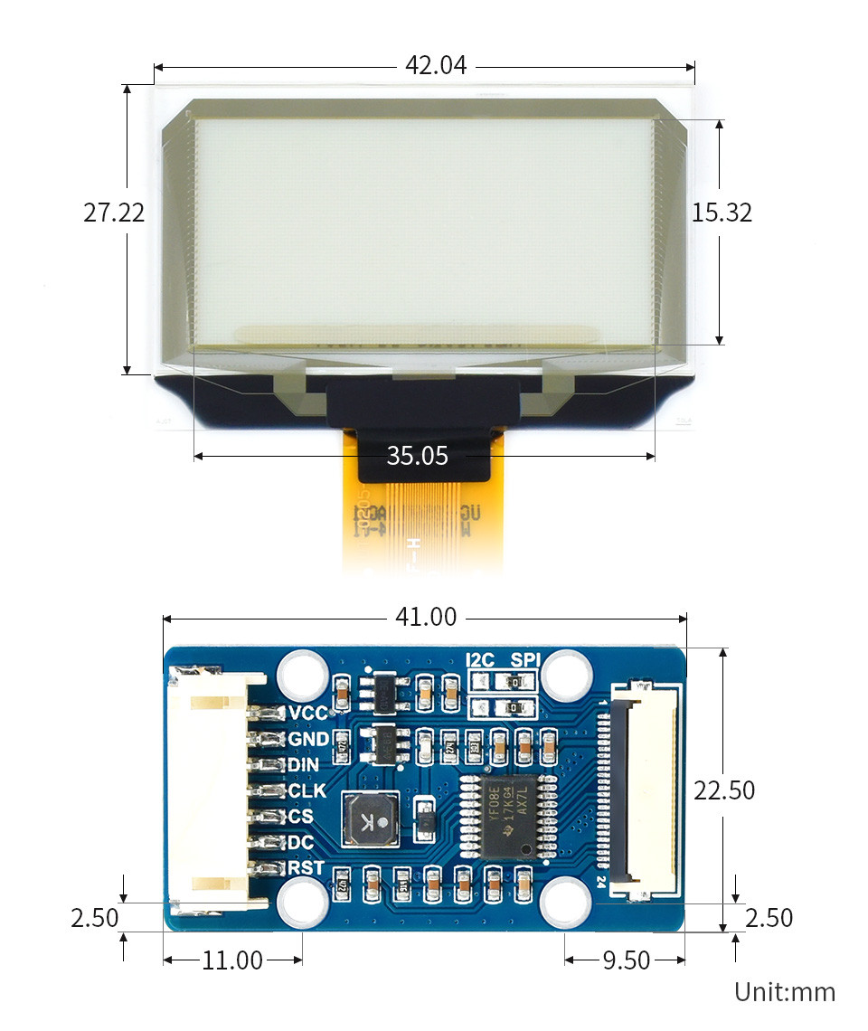 1.51inch Transparent OLED, 128×64, SPI/I2C, light blue color display ...