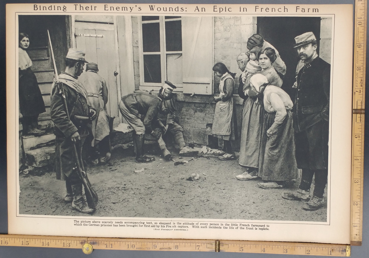 French farmers tending a wounded German prisoner. Original Antique WWI ...