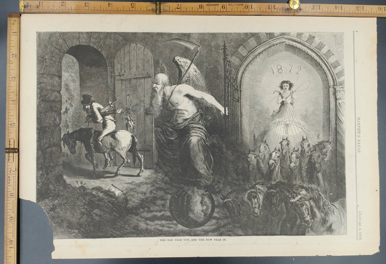 Father time with his scythe. The old year out in the new year in. A ...