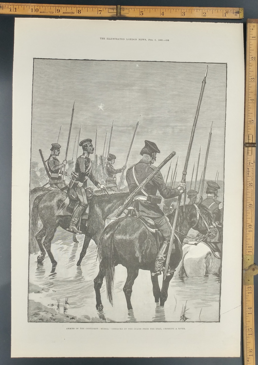 Russian Cossacks of the guard from the Ural, crossing a river. Horses ...