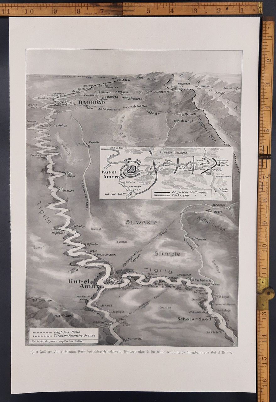 Map of the war in Mesopotamia, with views of the Tigris River, Baghdad ...