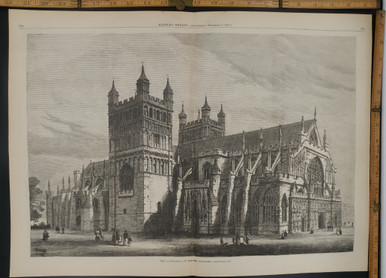 The Cathedral at Exeter, England. Extra Large Original Antique Print ...