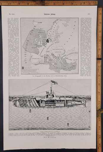 Map of the war zone in the North Sea and Mediterranean Sea. German ...
