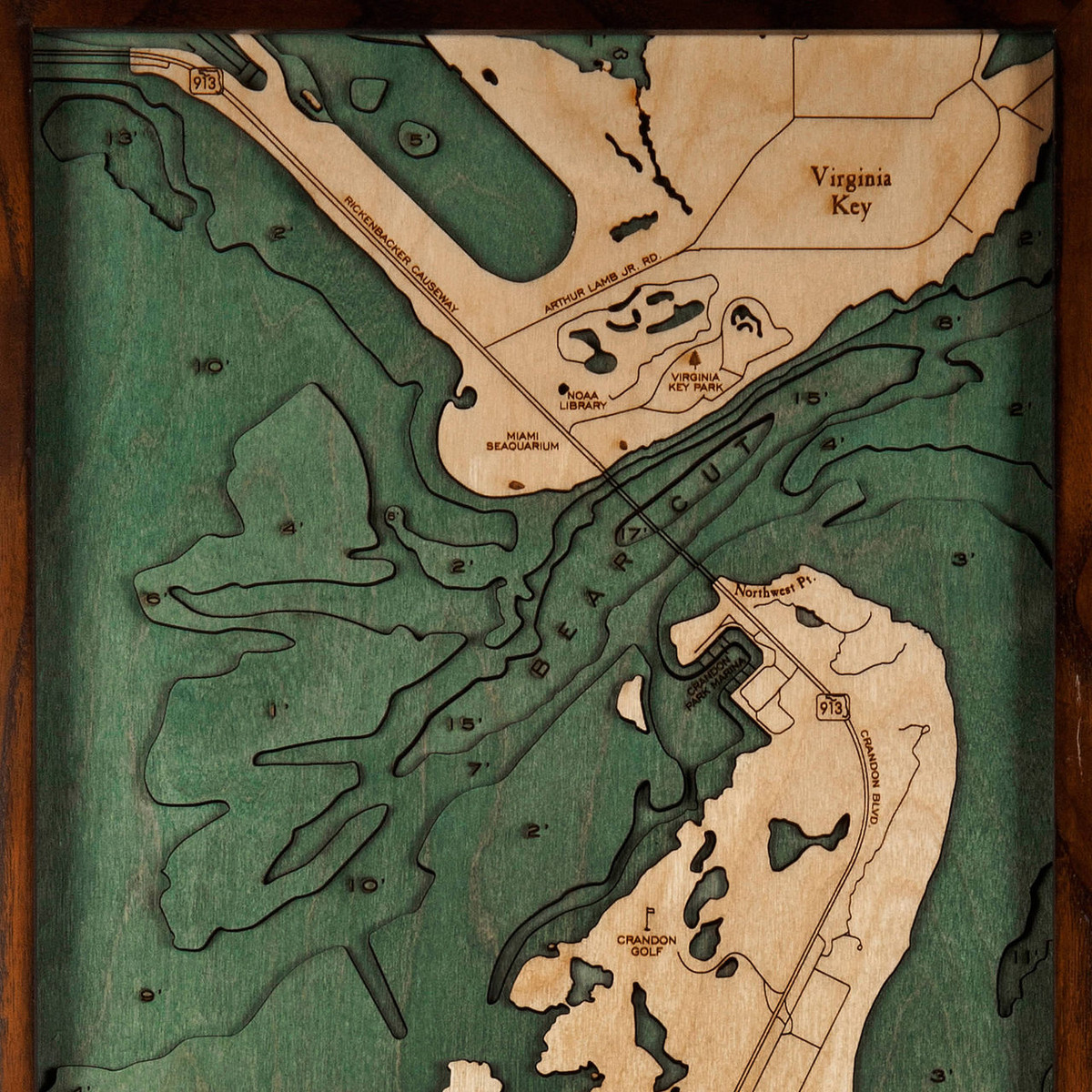 Key Biscayne Wooden Map Art | Topographic 3D Chart