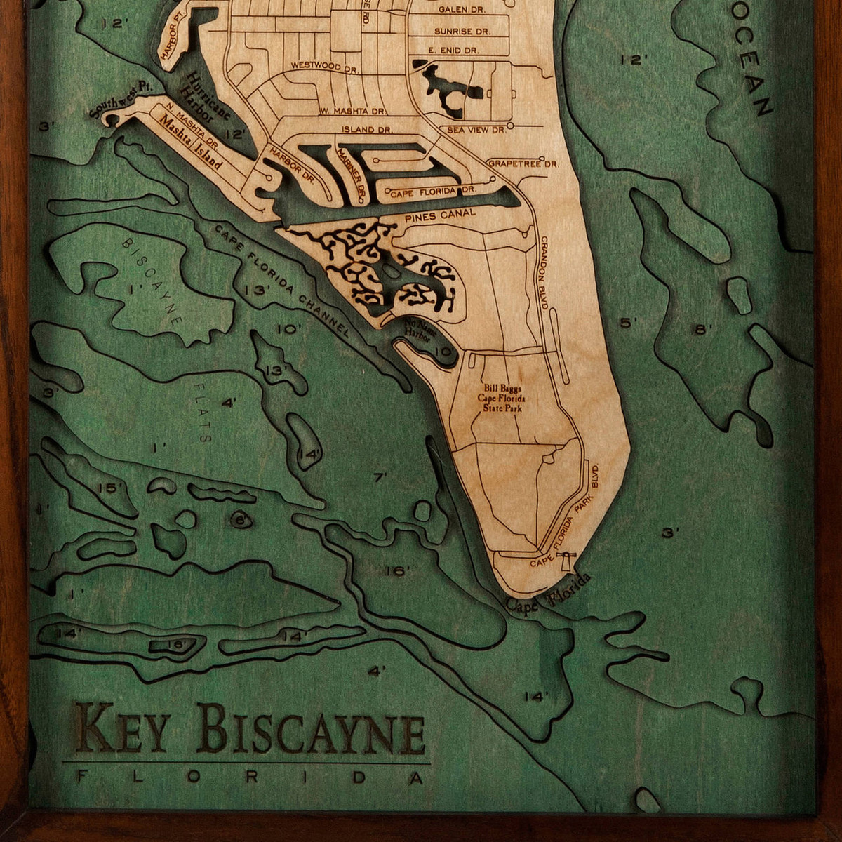 Key Biscayne Wooden Map Art | Topographic 3D Chart