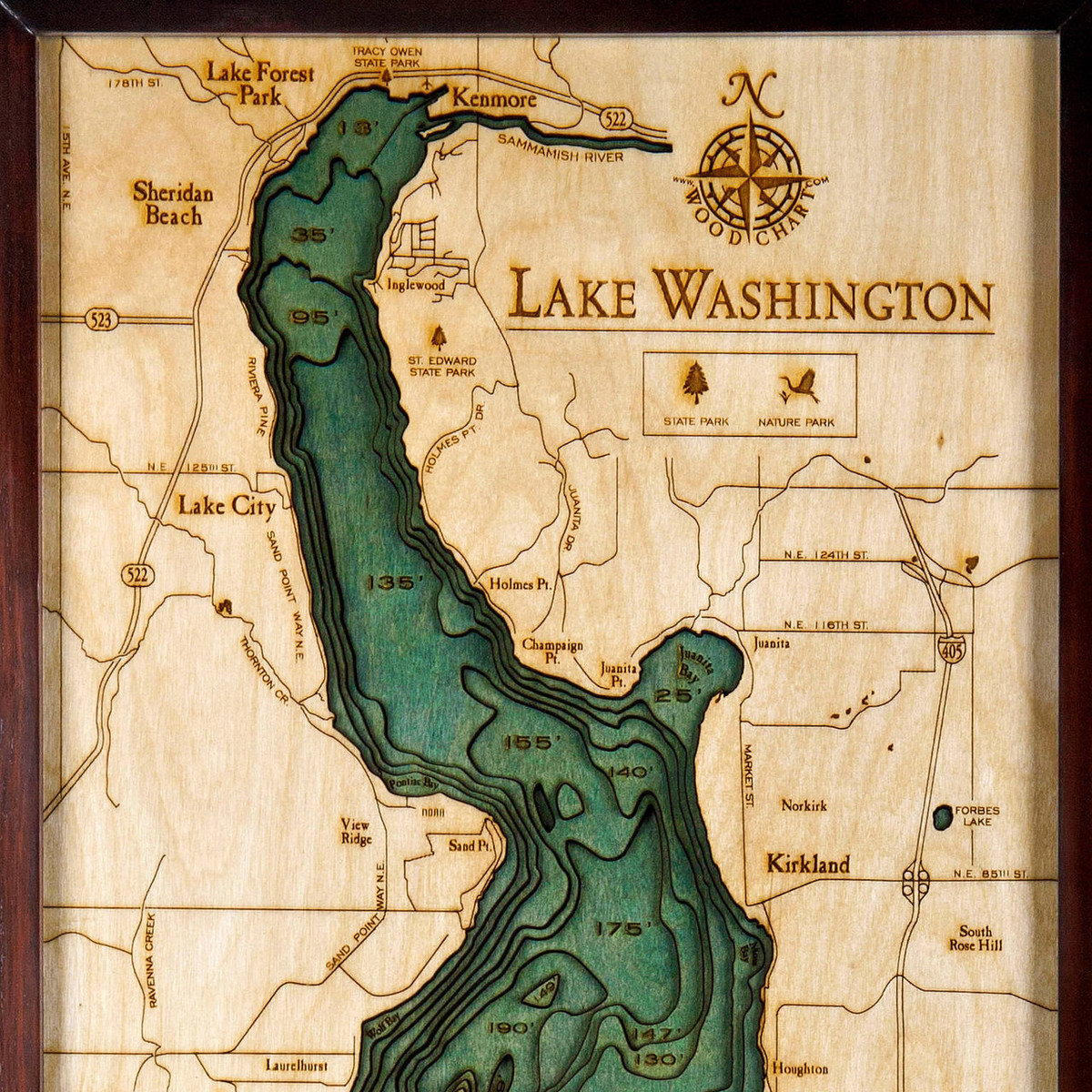 Lake Washington Wooden Map Art | Topographic 3D Chart