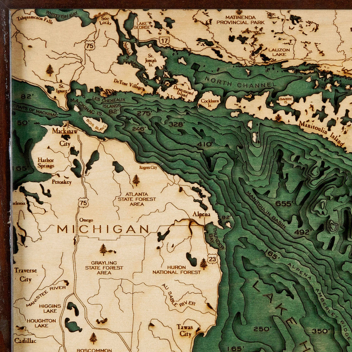 Lake Huron Wooden Map Art | Topographic 3D Chart