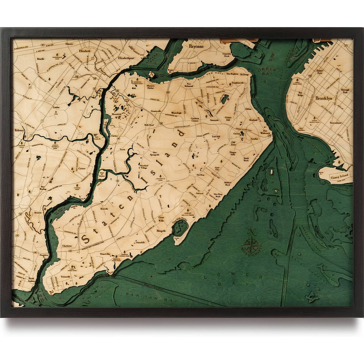 Staten Island NY Wooden Map Art | Topographic 3D Chart