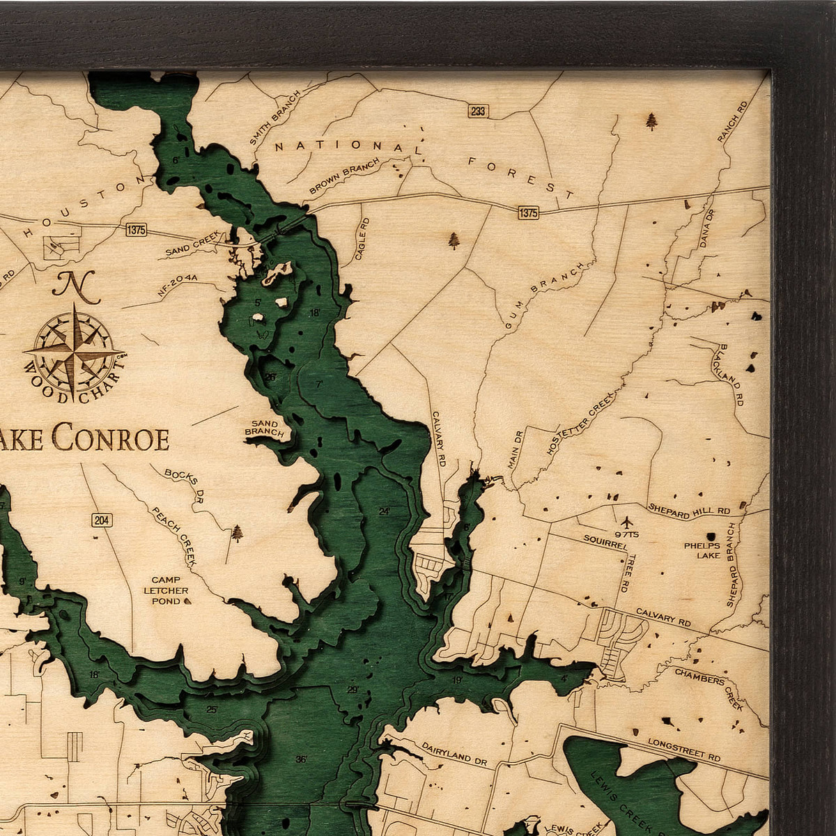 Lake Conroe TX Wooden Map Art | Topographic 3D Chart