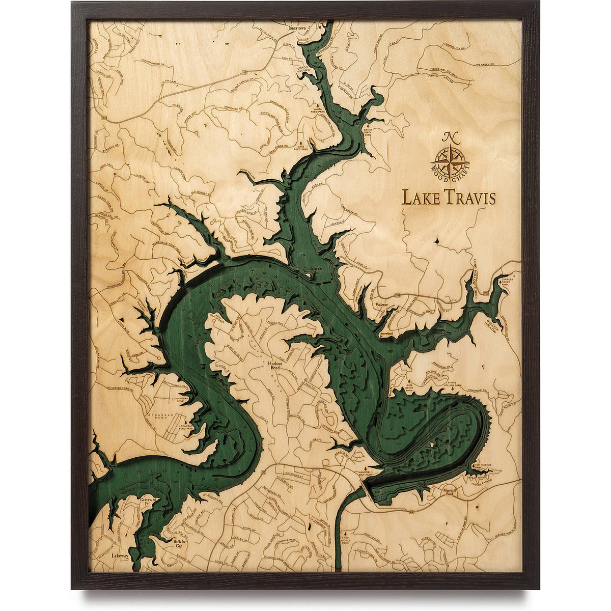 Lake Travis TX Wooden Map Art | Topographic 3D Chart