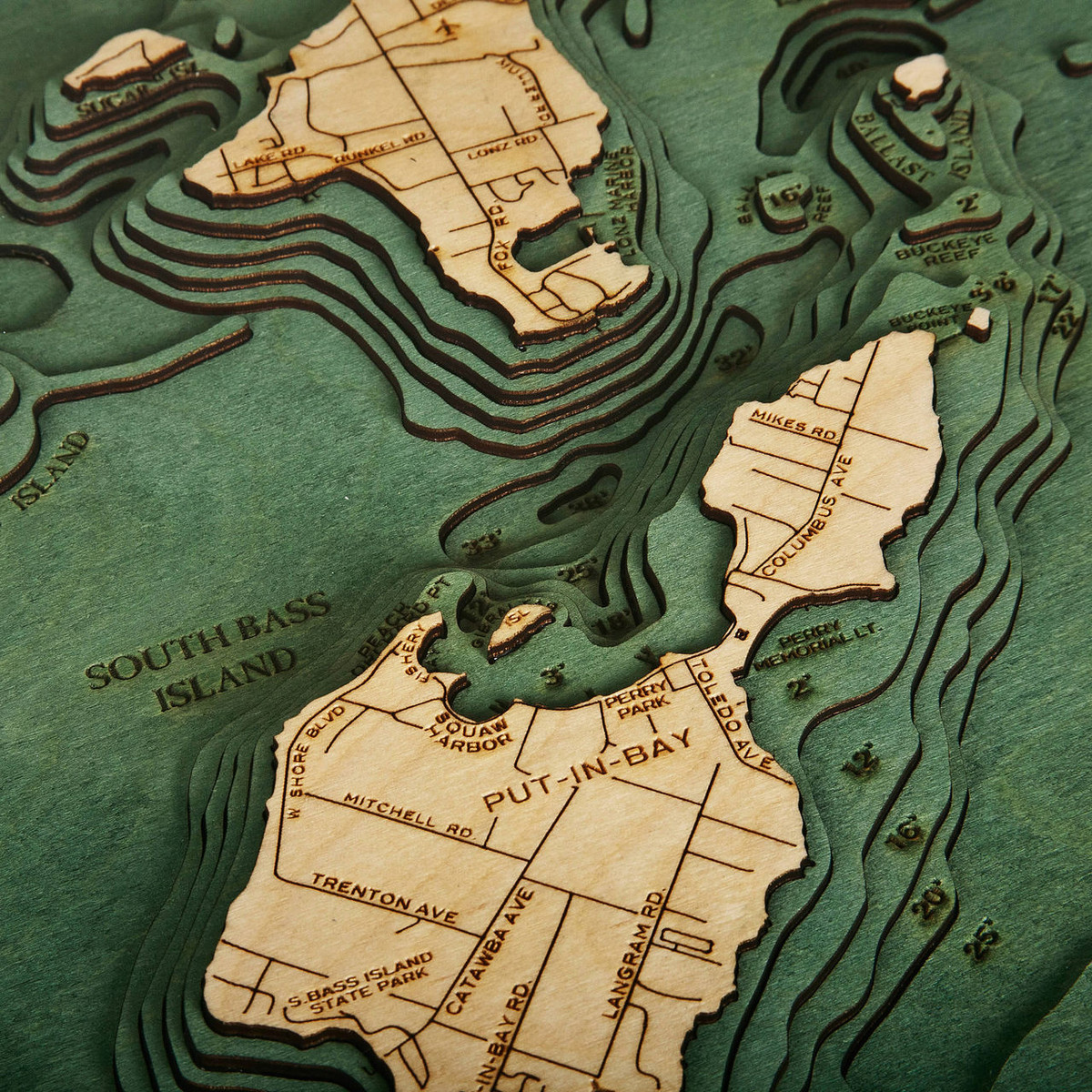 Bass Islands Wooden Map Art | Topographic 3D Chart