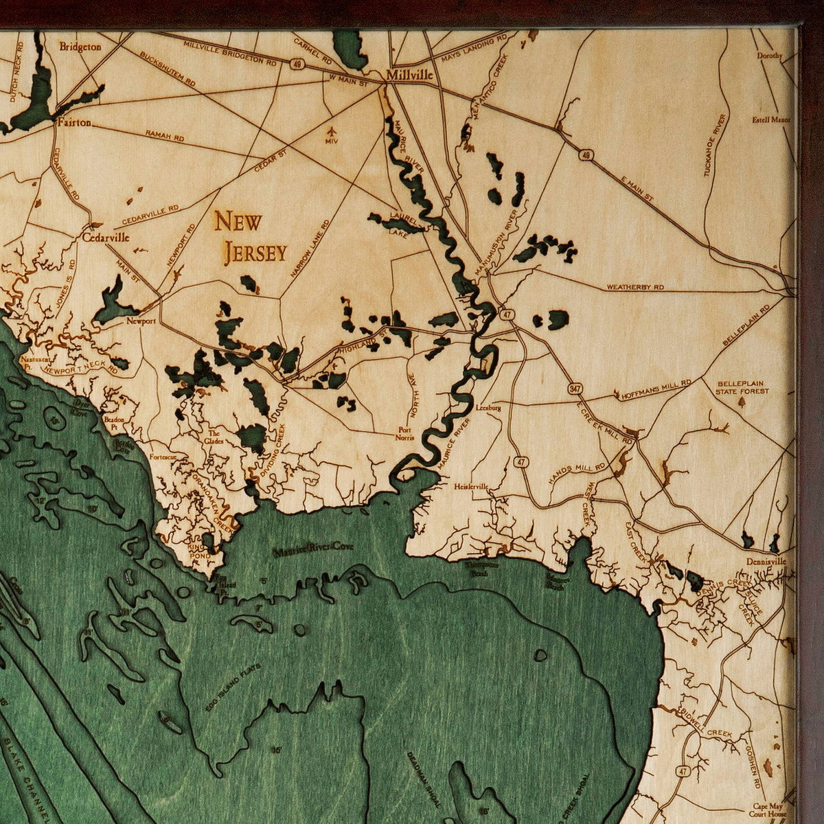 Delaware Bay Wooden Map Art | Topographic 3D Chart