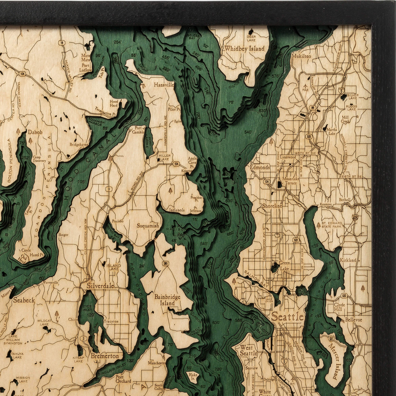 Puget Sound Wooden Map Art | Topographic 3D Chart