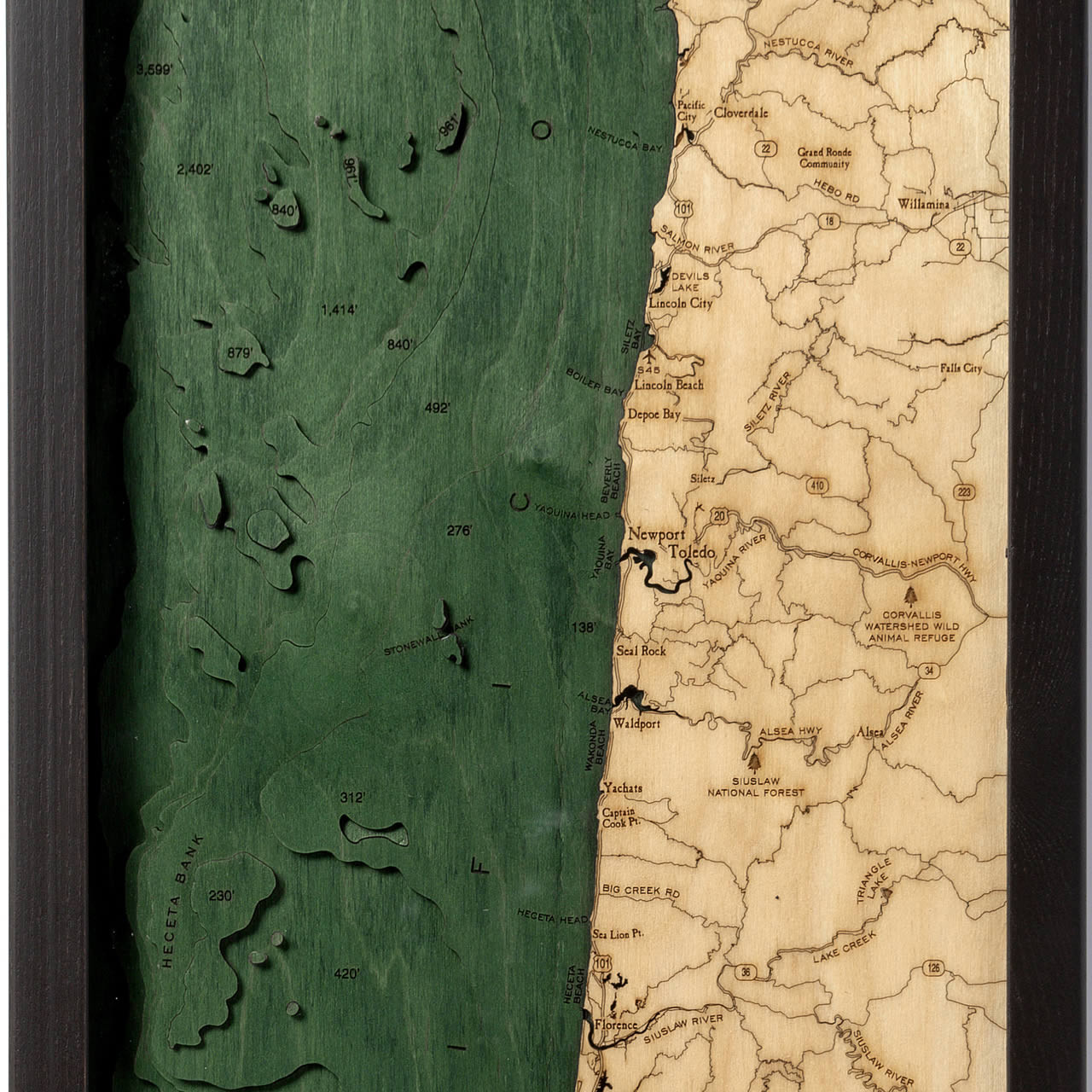 Oregon Coast Wooden Map Art | Topographic 3D Chart